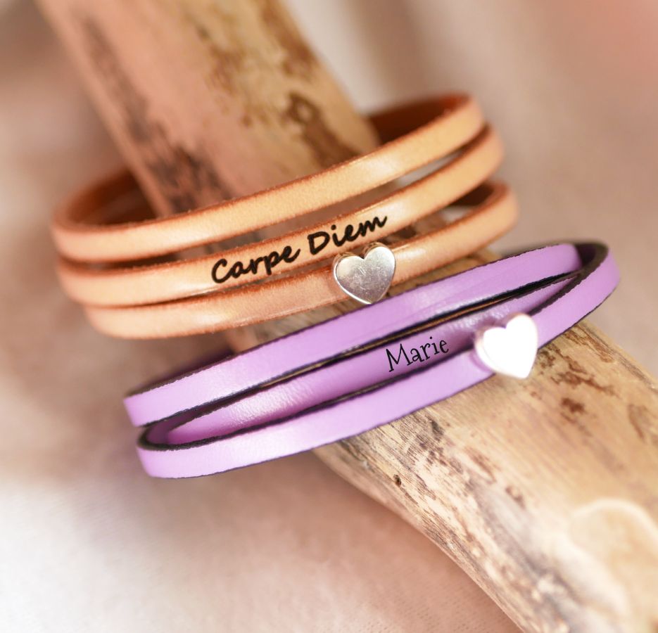 Cadeaux Bracelet femme cuir personnalisable multi tours décor coeur argenté